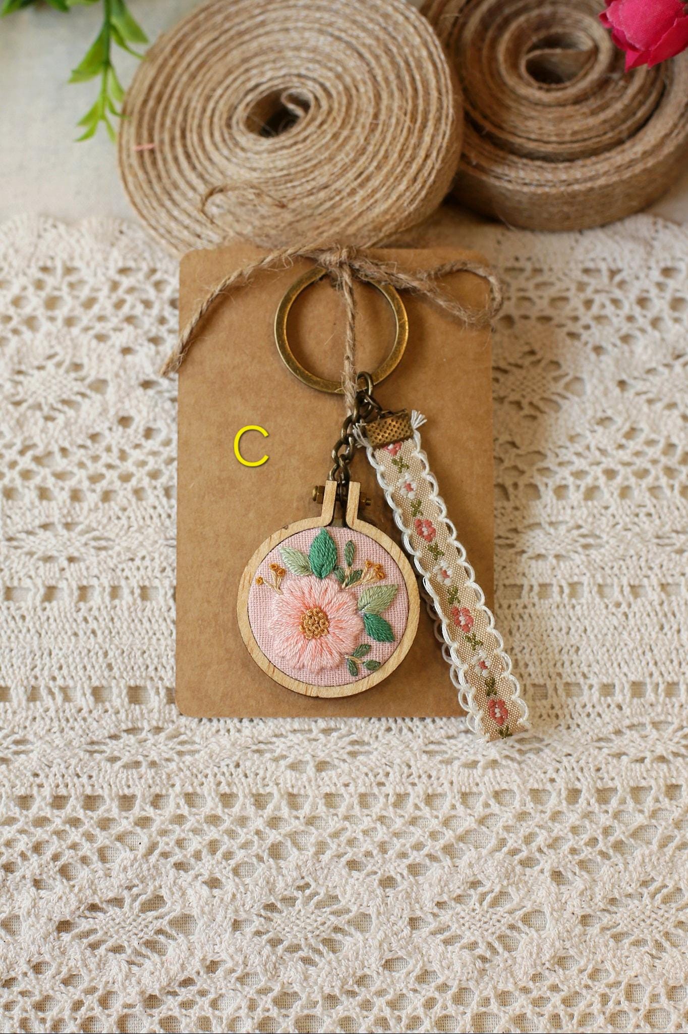 Hand Embroidered Floral Keychain, Vintage-inspired Mini Hoop Key Ring ...