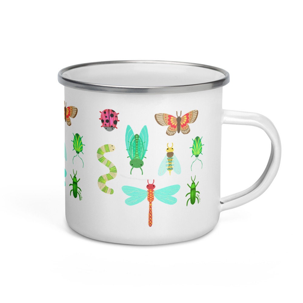 Bug Collecting Enamel Mug - Cute Insects Pattern Illustration, Art Mug ...