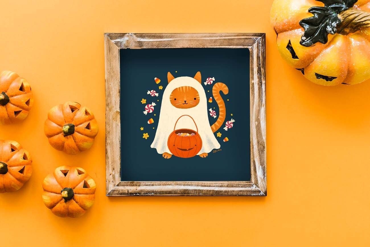 Trick or Treat Cat Art Print Cute Halloween Ghost Costume Cat Fall ...