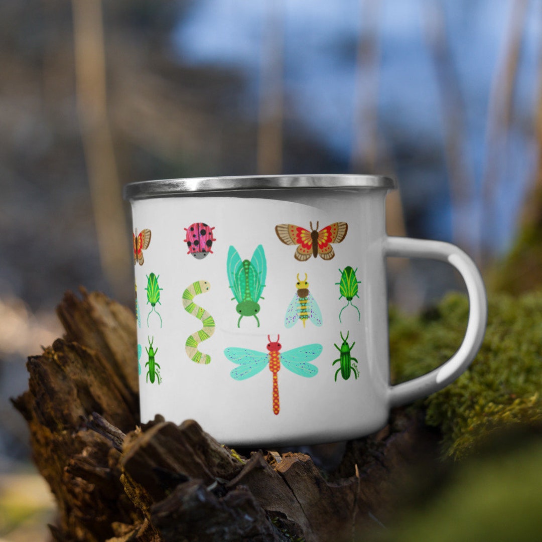 Bug Collecting Enamel Mug - Cute Insects Pattern Illustration, Art Mug ...