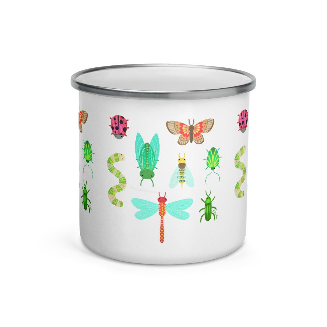 Bug Collecting Enamel Mug - Cute Insects Pattern Illustration, Art Mug ...