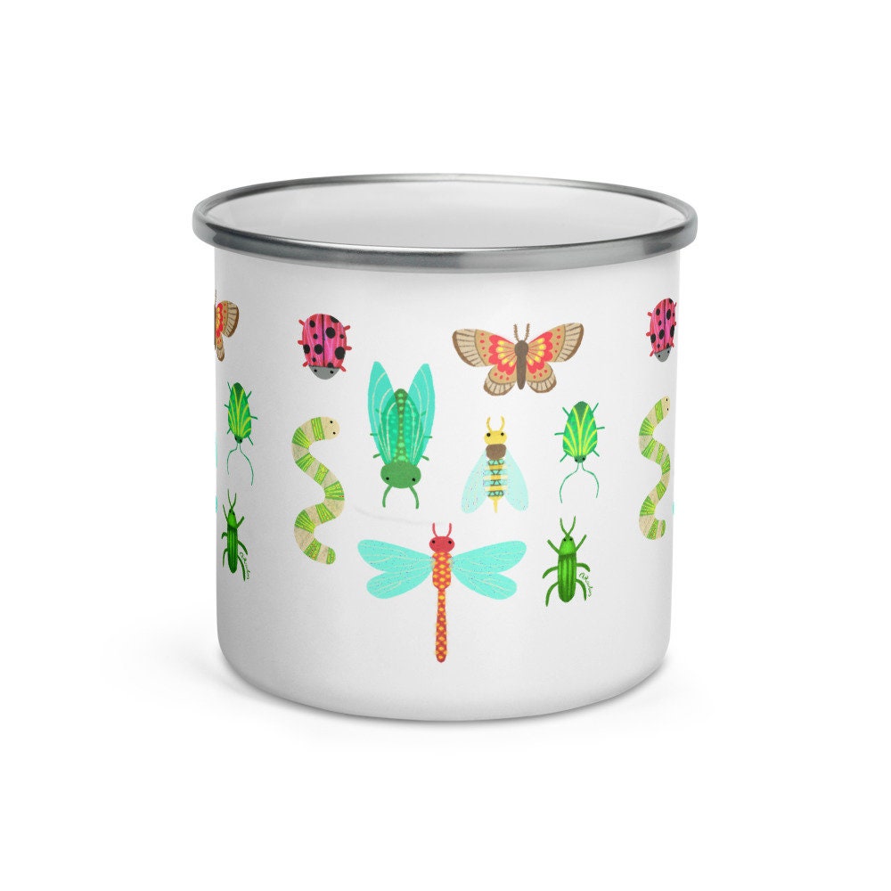 Bug Collecting Enamel Mug - Cute Insects Pattern Illustration, Art Mug ...