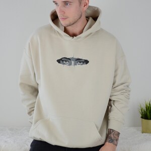 Trendy Anime Eyes Embroidered Hoodie, Urban Streetwear Graphic Pullover ...