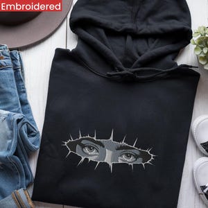 Trendy Anime Eyes Embroidered Hoodie, Urban Streetwear Graphic Pullover ...