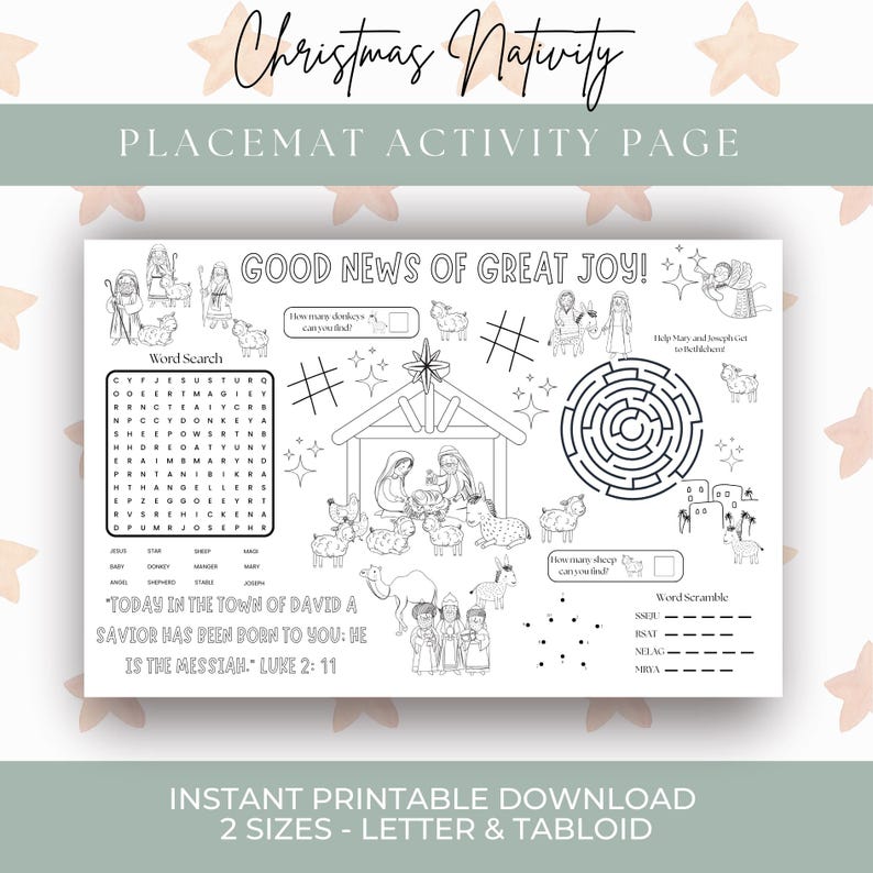 Christmas Nativity Activity Placemat for Kids | Christian Advent Bible ...