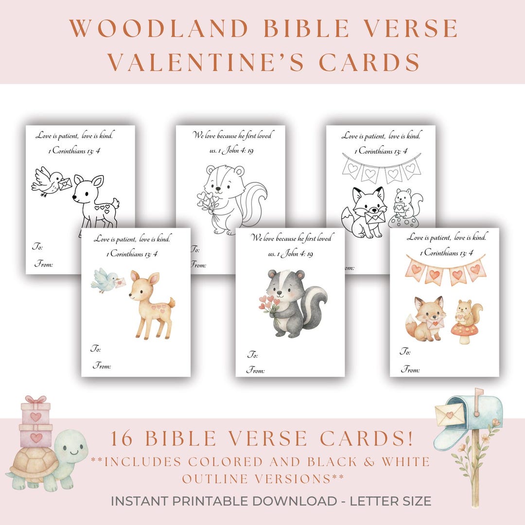 Valentine's Day Bible Verse Cards | Woodland Coloring Card Activity ...