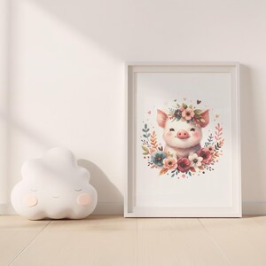 Whimsical Piglet Wall Art, Floral Nursery Decor, Digital Download, Cute ...