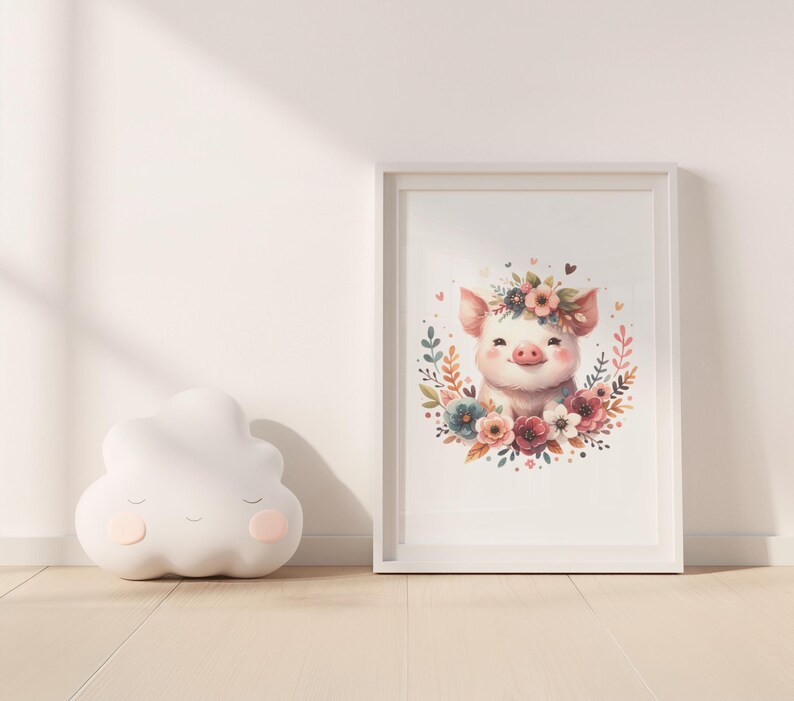 Whimsical Piglet Wall Art, Floral Nursery Decor, Digital Download, Cute ...