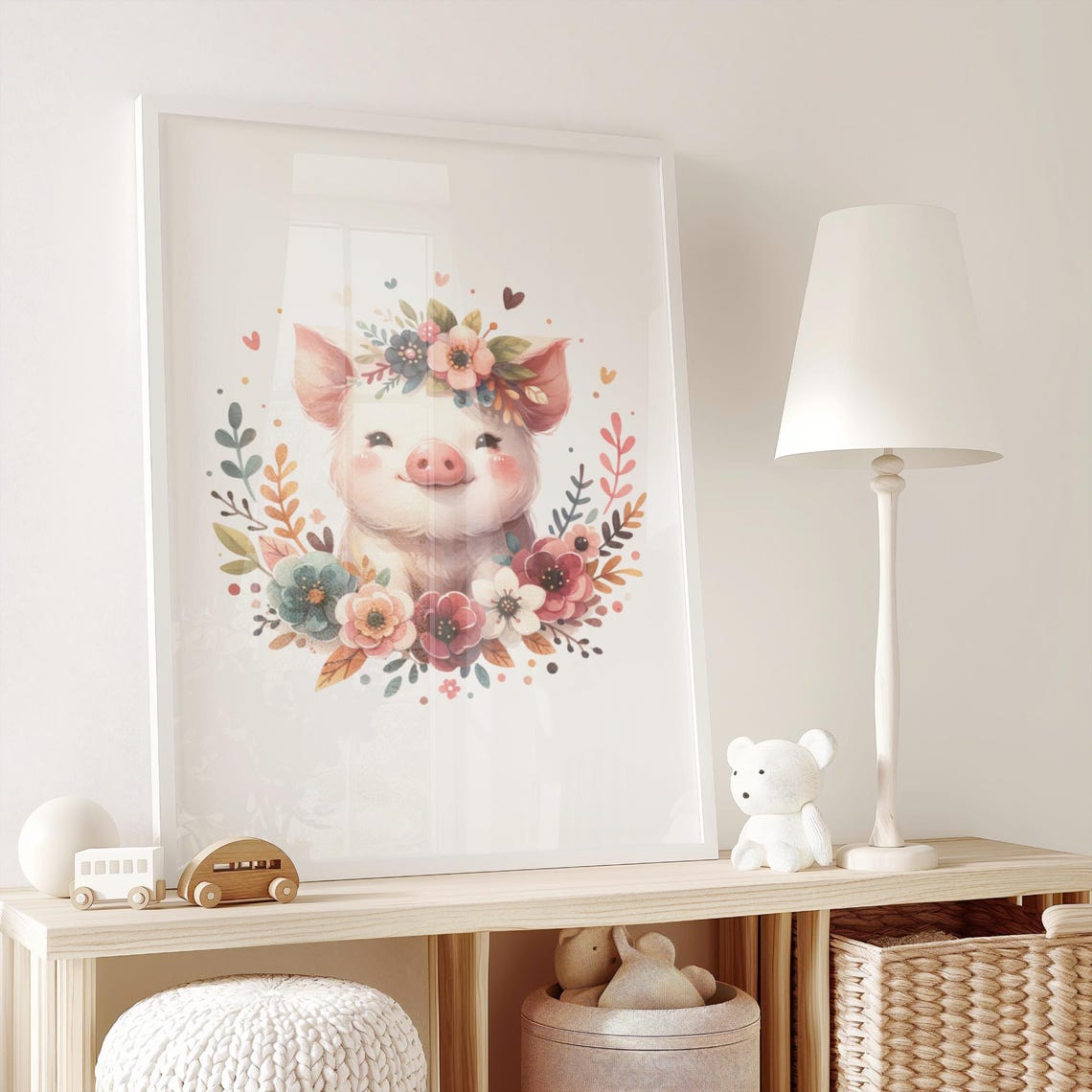 Whimsical Piglet Wall Art, Floral Nursery Decor, Digital Download, Cute ...