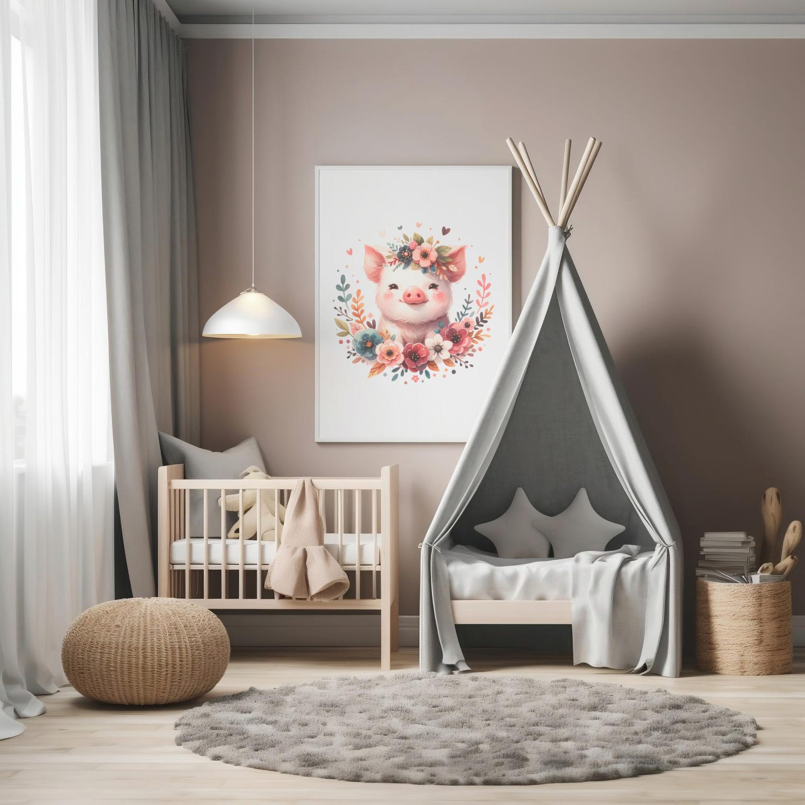 Whimsical Piglet Wall Art, Floral Nursery Decor, Digital Download, Cute ...