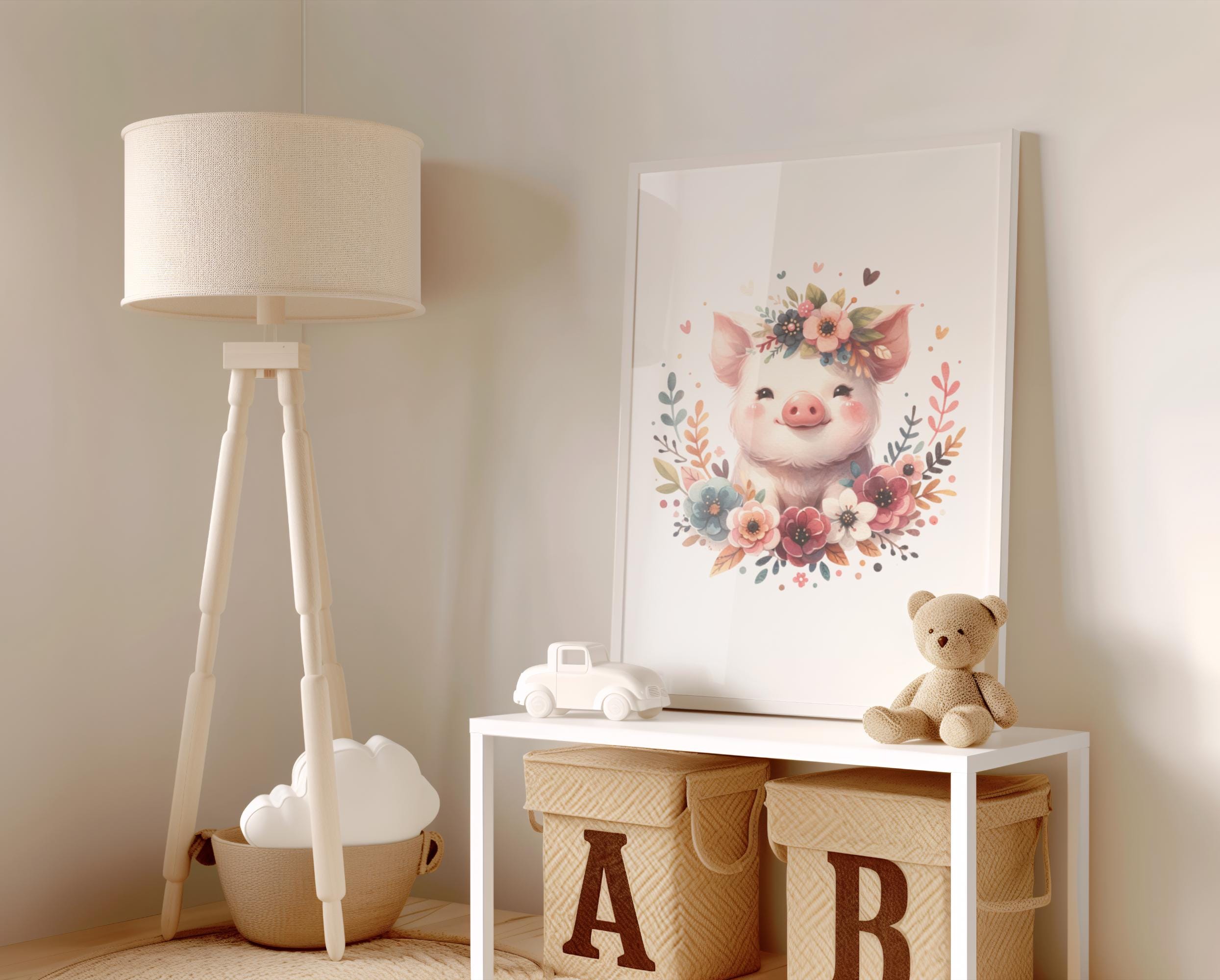 Whimsical Piglet Wall Art, Floral Nursery Decor, Digital Download, Cute ...