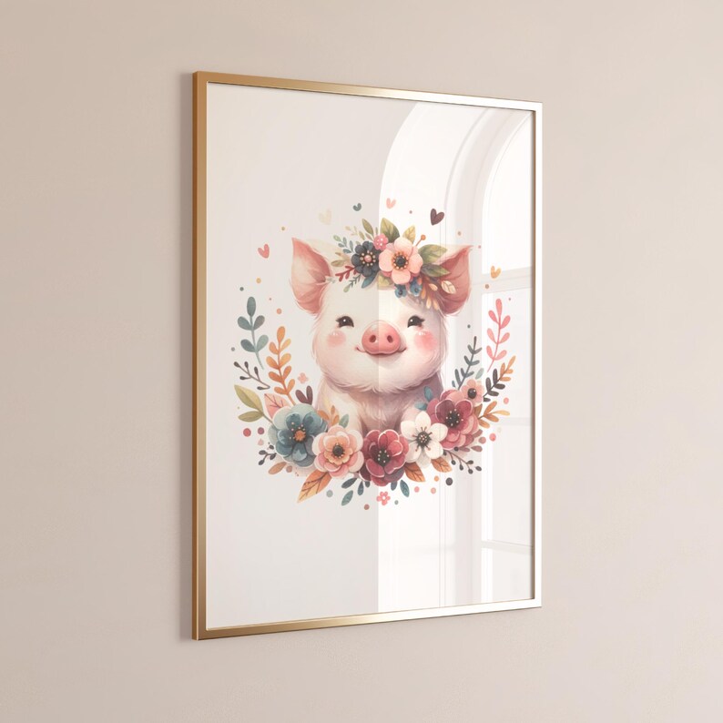 Whimsical Piglet Wall Art, Floral Nursery Decor, Digital Download, Cute ...