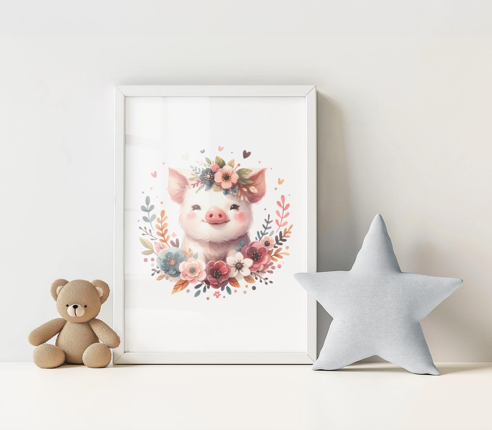 Whimsical Piglet Wall Art, Floral Nursery Decor, Digital Download, Cute ...