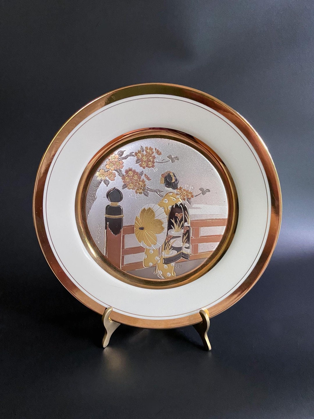 Art of Chokin Gilded Plate Geisha With an Umbrella Etched Copper Silver ...