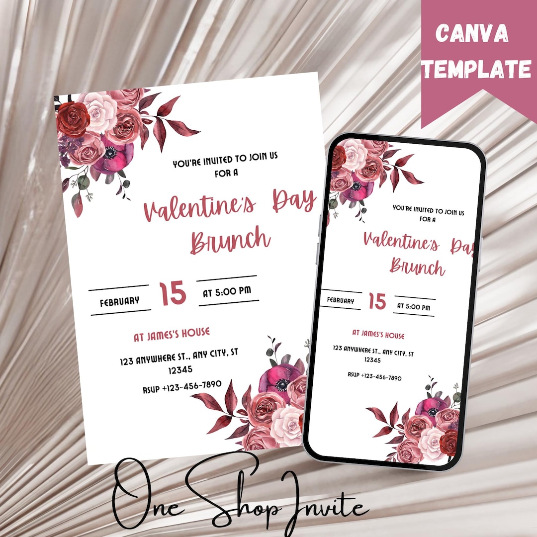 Editable Valentine's Day Brunch Invitation, Pink and Red Floral ...