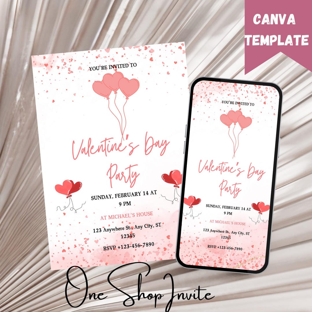 Editable Valentine's Day Party Invitation, Pink Red Hearts Invite ...