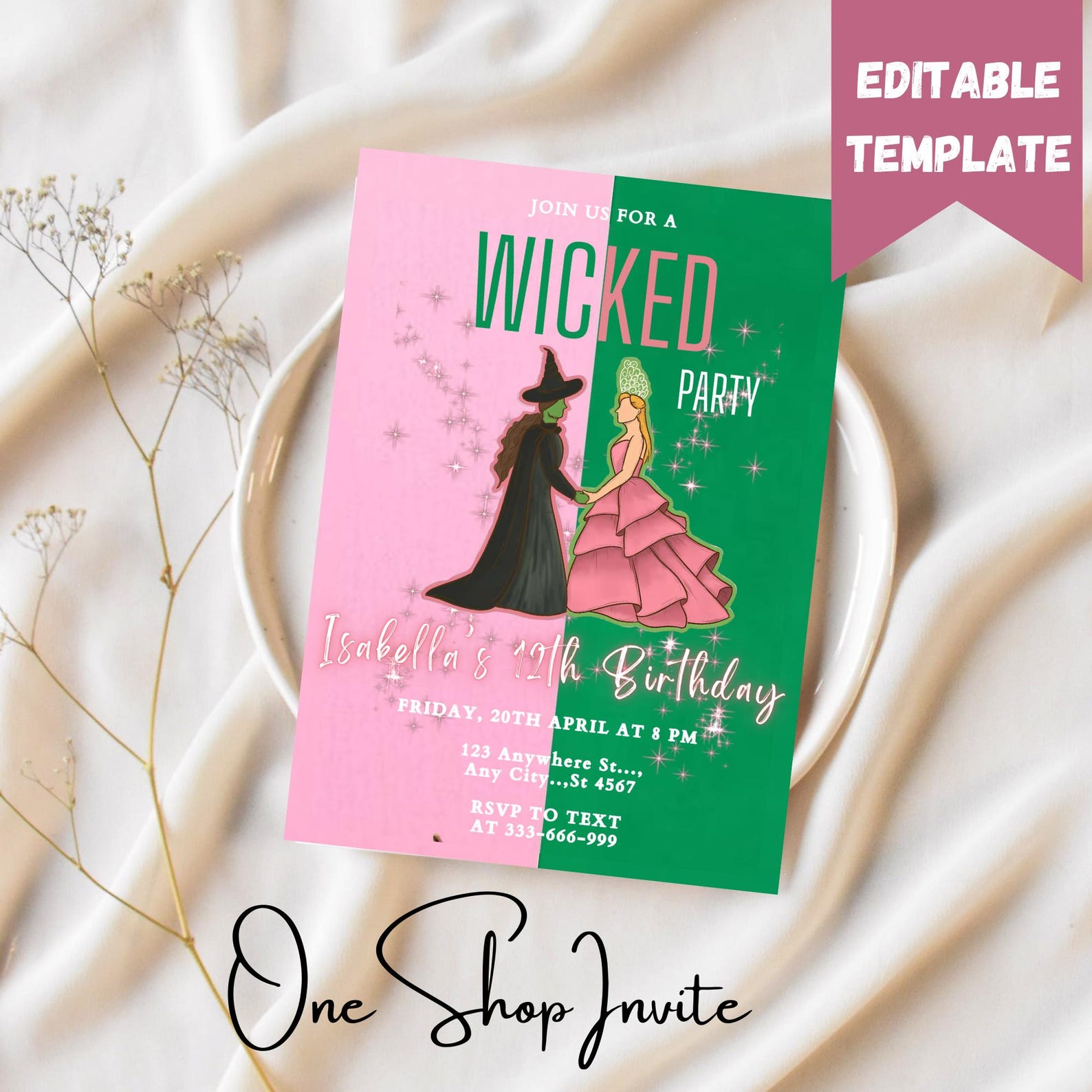 WICKED BIRTHDAY INVITATION, Wicked Themed Party, Elphaba and Glinda ...