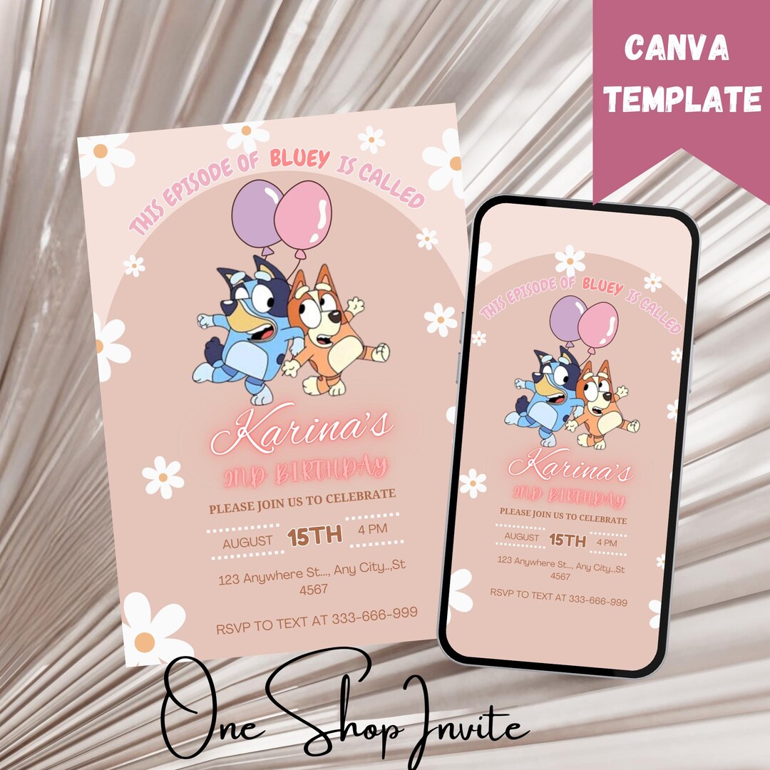 Editable Girl Bluey Birthday Invitation Template, Template Bluey Girl ...