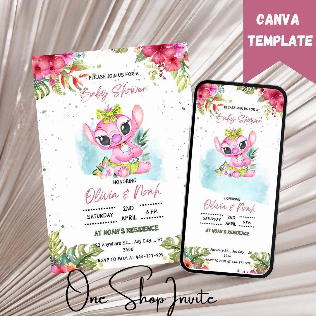 Stitch Gender Reveal Invitation, Girly Stitch Baby Shower Invitation ...