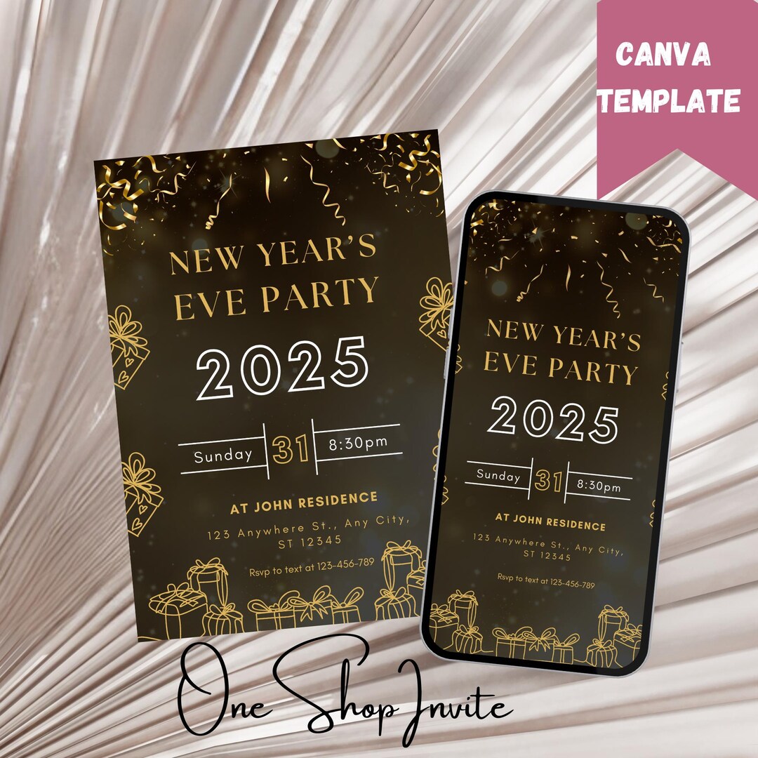 2025 New Years Party Invitation Template, Gold Balloon New Years Eve ...