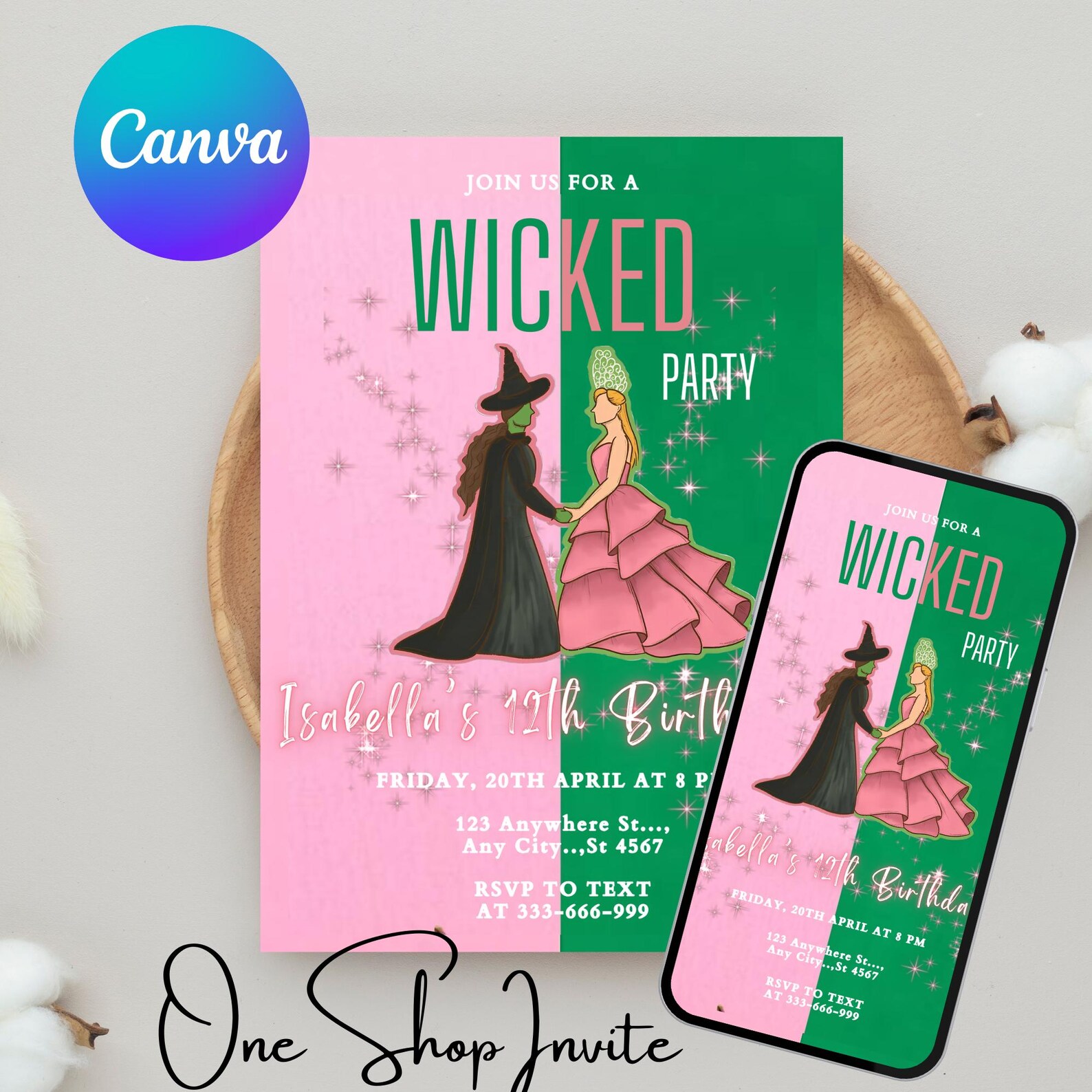 WICKED BIRTHDAY INVITATION, Wicked Themed Party, Elphaba and Glinda ...