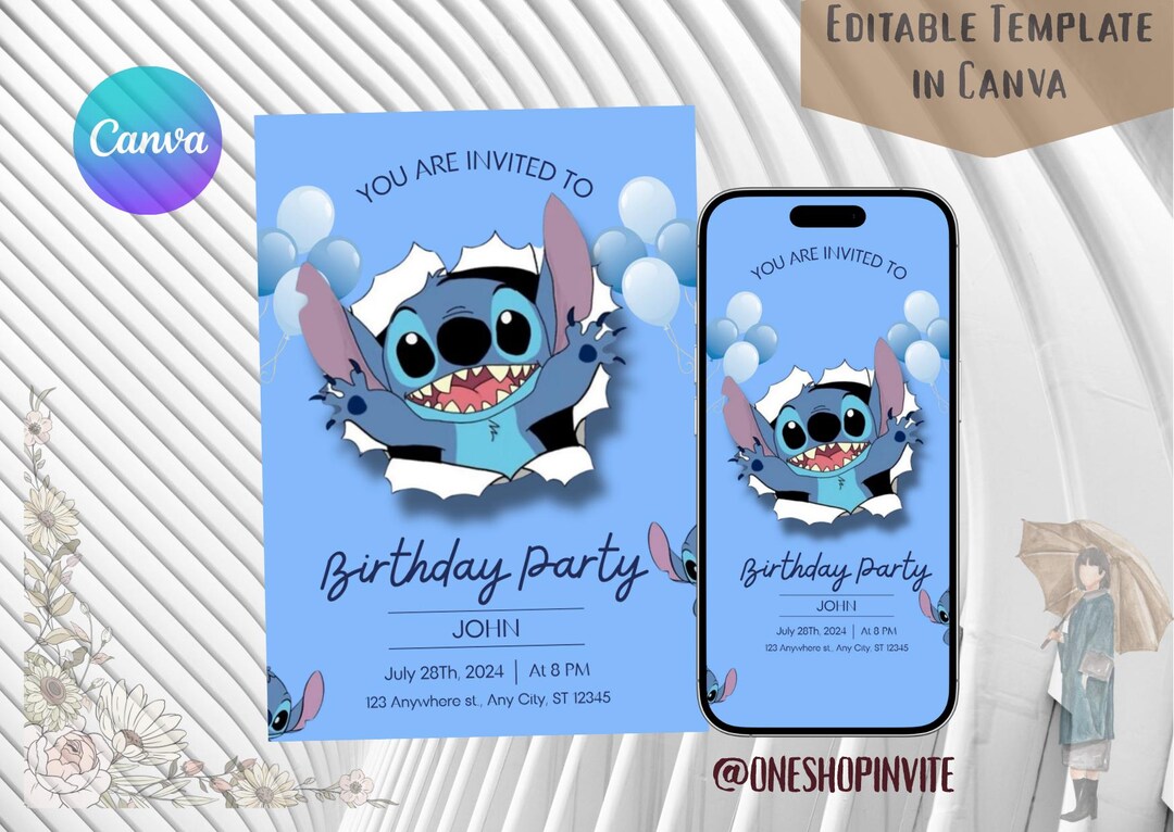 Editable Blue Alien Birthday Invite, Cartoon Canva Template, Digital ...