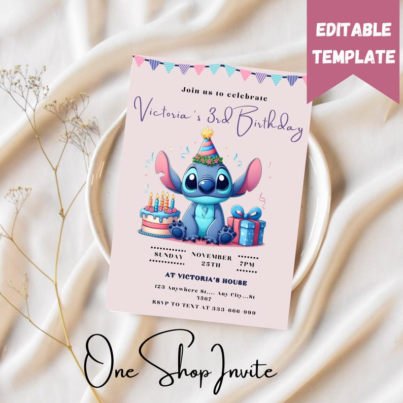 Editable Stitch Girls Birthday Invitation, Cute Stitch Birthday Party ...