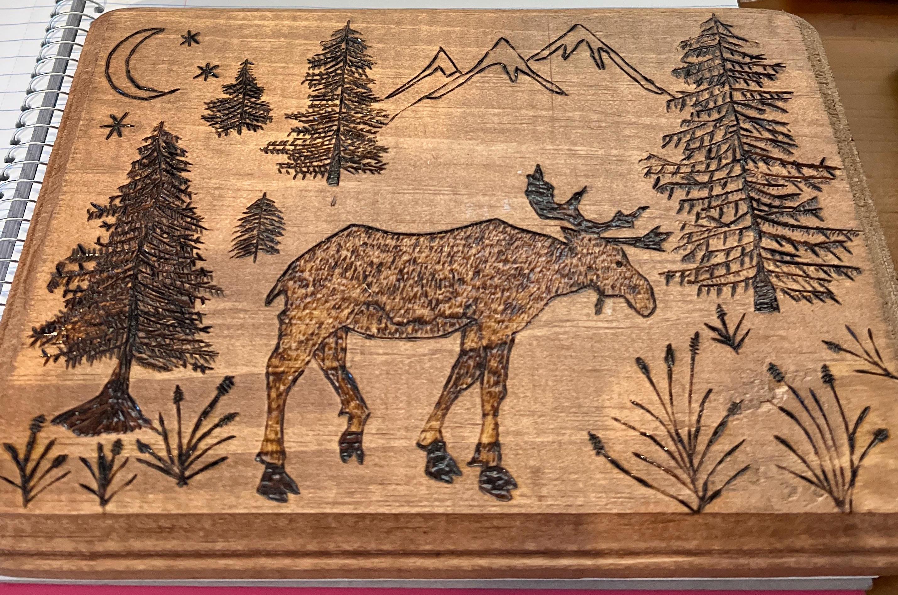 Wood Burning Moose , Trees, Mountains and Moon - Etsy