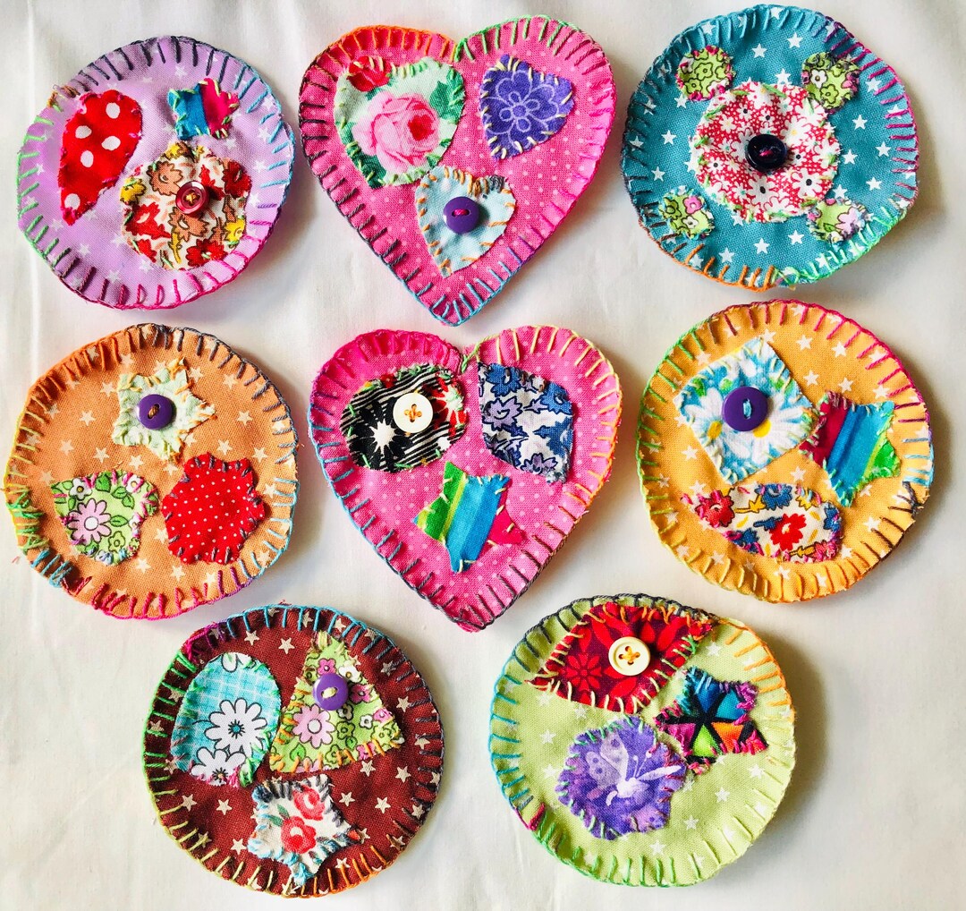 8 BOHO Applique 3 1/2" Heart SNIPPETS Circle Junk Journal Altered Art ...