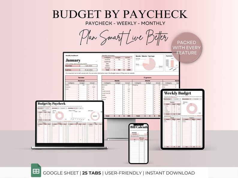 Budget Paycheck Google Sheets, Spreadsheet Paycheck Budget Planner, Monthly Weekly Biweekly ...