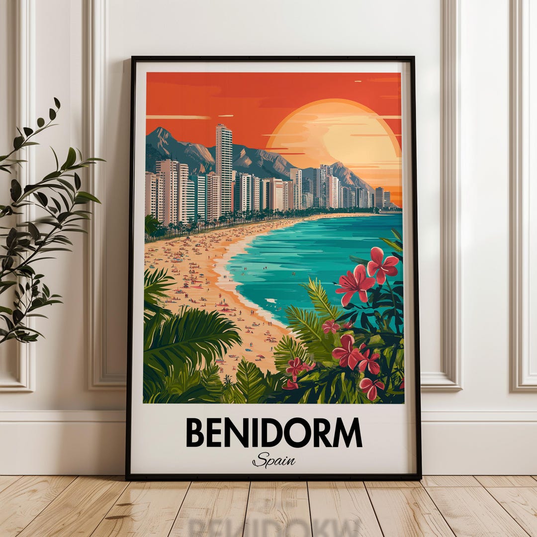 Poster de voyage à Benidorm : oeuvre d'art sur la ligne d'horizon de la ...