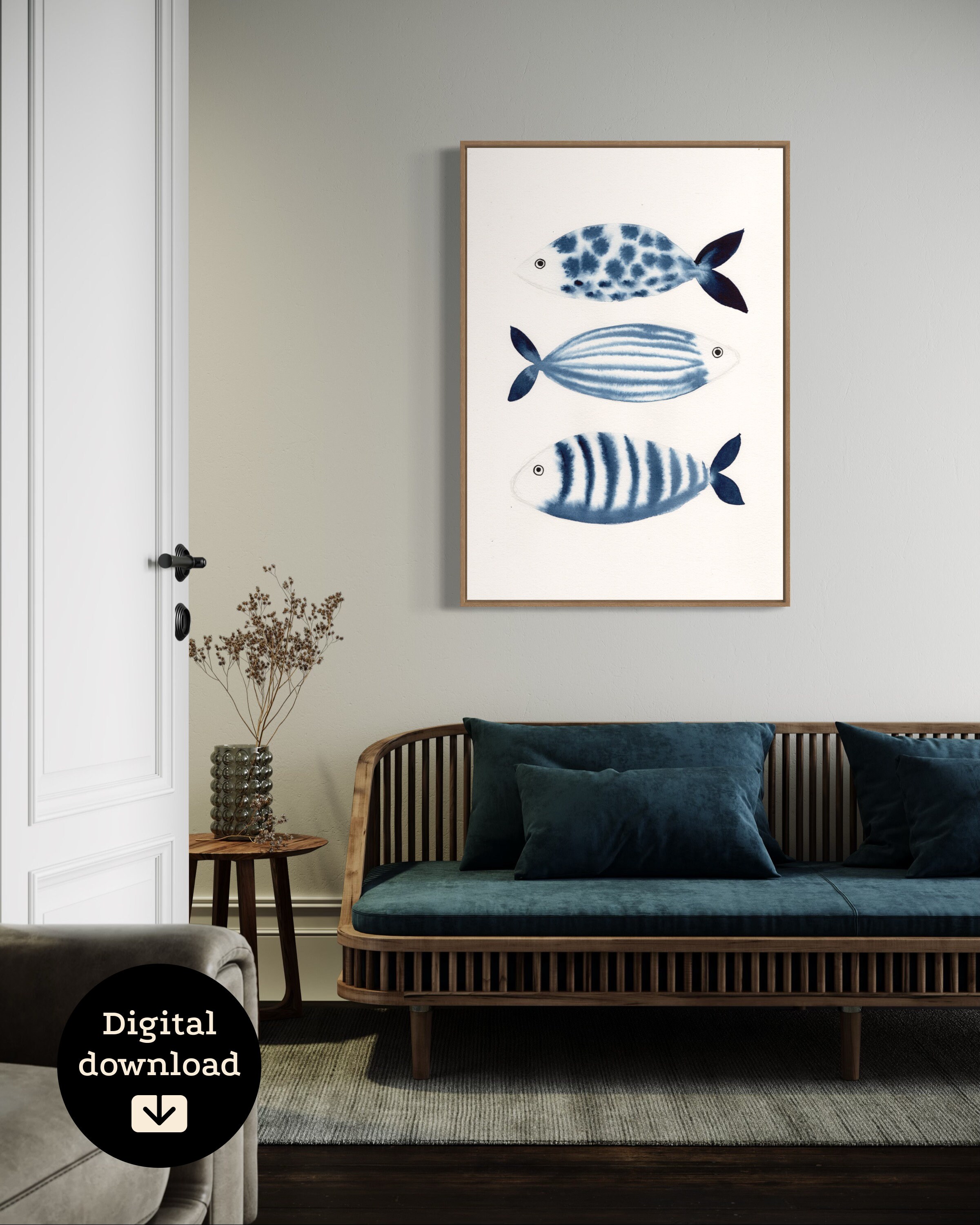 Blue Fish Watercolor Print, Modern Coastal Wall Art (digital Download ...
