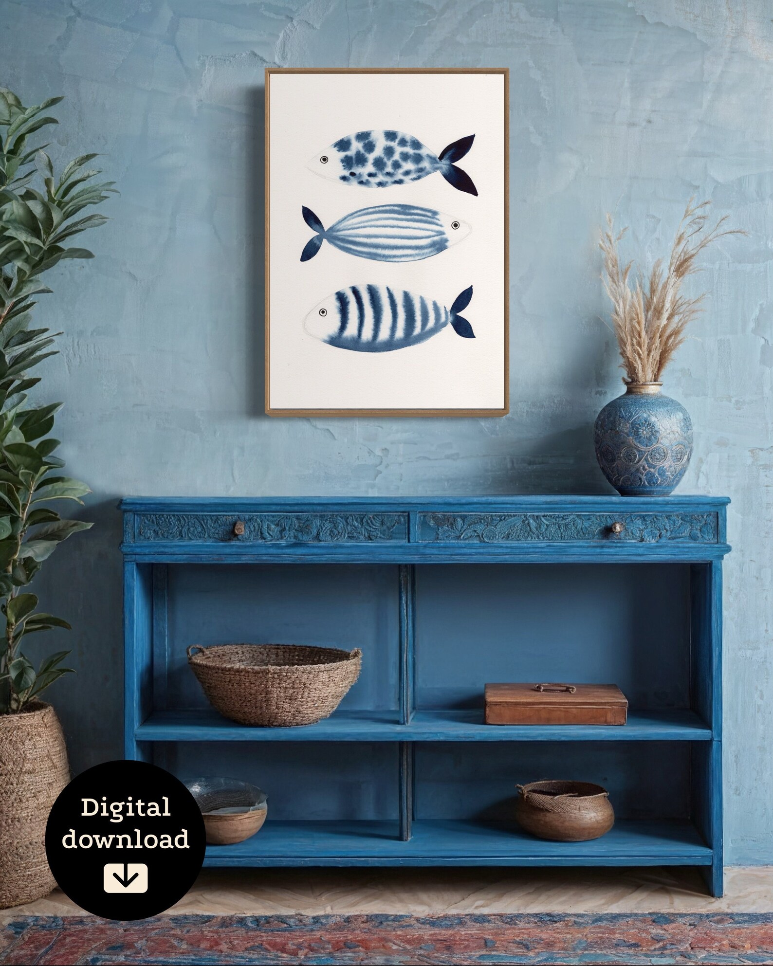 Blue Fish Watercolor Print, Modern Coastal Wall Art (digital Download ...