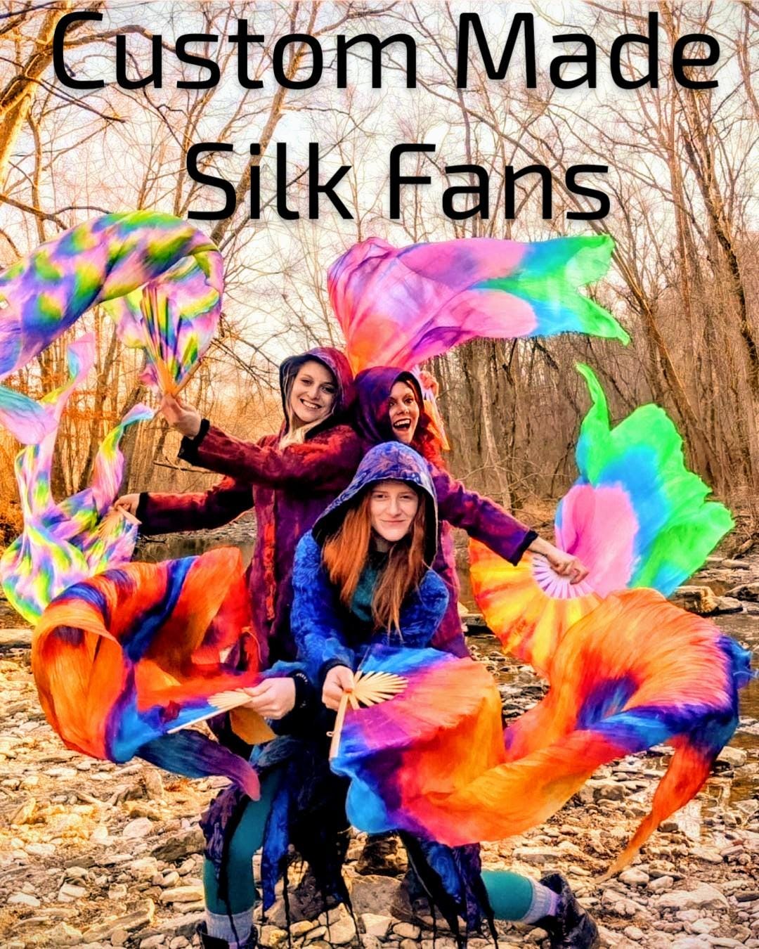 Silk Fans Pair White PLASTIC Staves CUSTOM Design Hand Made Flow Fans ...