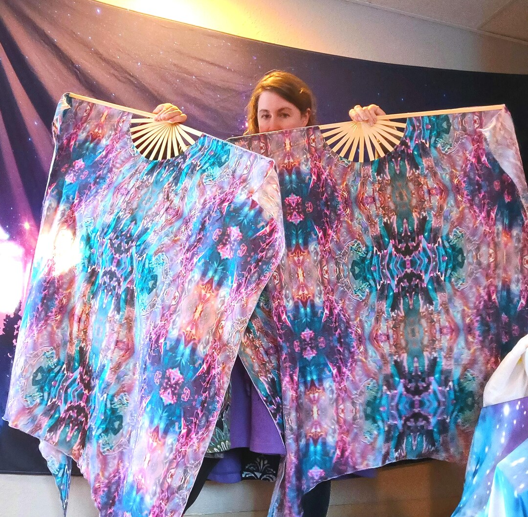 Large Silk Fans Pair Cosmic Flow Digital Silk Satin Midi 52 Long, 35 ...