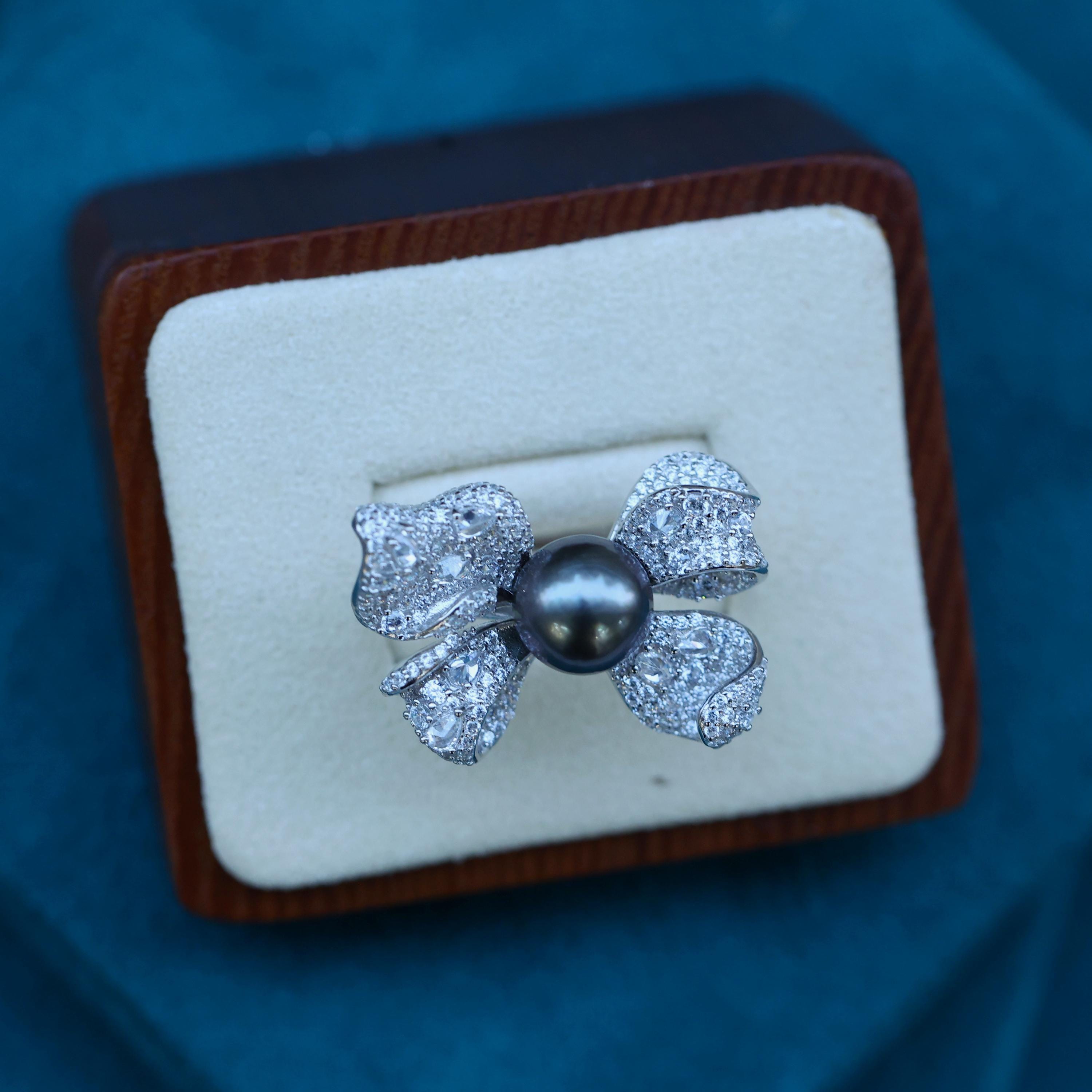 Tahitian Black Pearl Bow Ring: Sterling Silver Pave CZ Cocktail Ring - Etsy