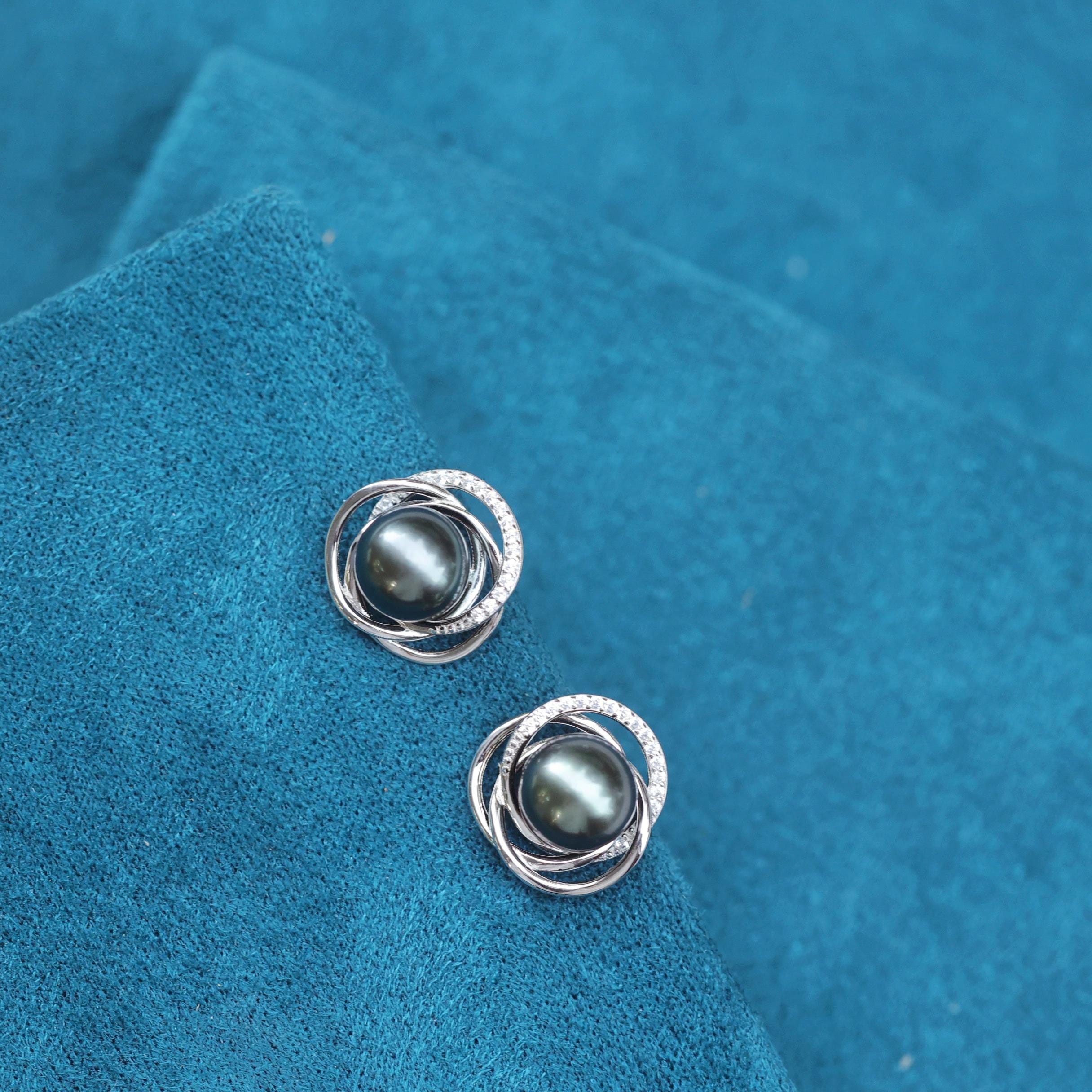 Tahitian Black Pearl Stud Earrings: Sterling Silver Twist, Handmade - Etsy