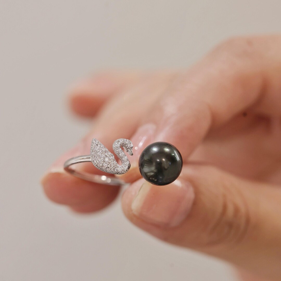 Tahitian Black Pearl Swan Ring, Silver Swan Pearl Ring, Adjustable ...