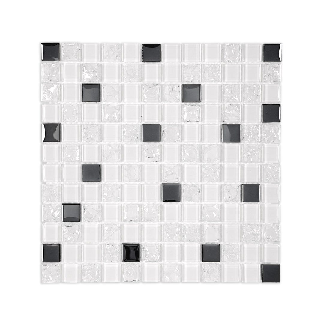 White Crackle Glass Mosaic Tile: Dark Chrome Accents, Backsplash, Bath ...