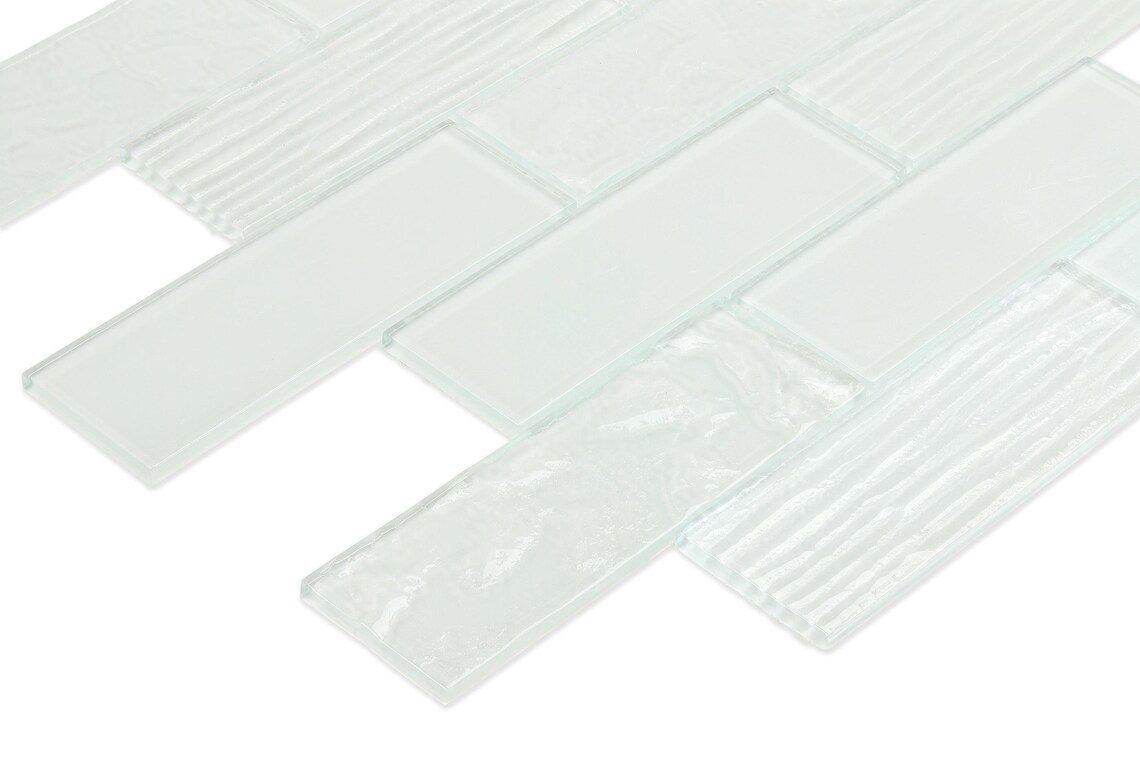 Clear White Textured Glass Subway Tile – 2x6 Glossy Mosaic for Kitchen ...