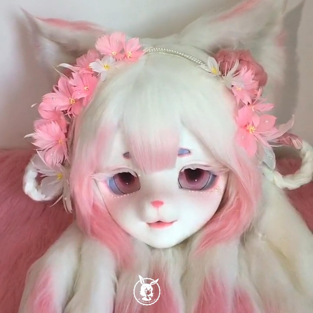 Pink Cherry Blossom Fox Girl Fursuit Head, Cosplay Kigurumi Furhead ...