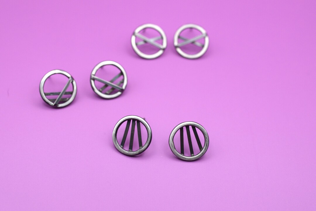 Perimeter Stud Earrings, Sterling Silver Posts, Oxidized Metalsmith ...