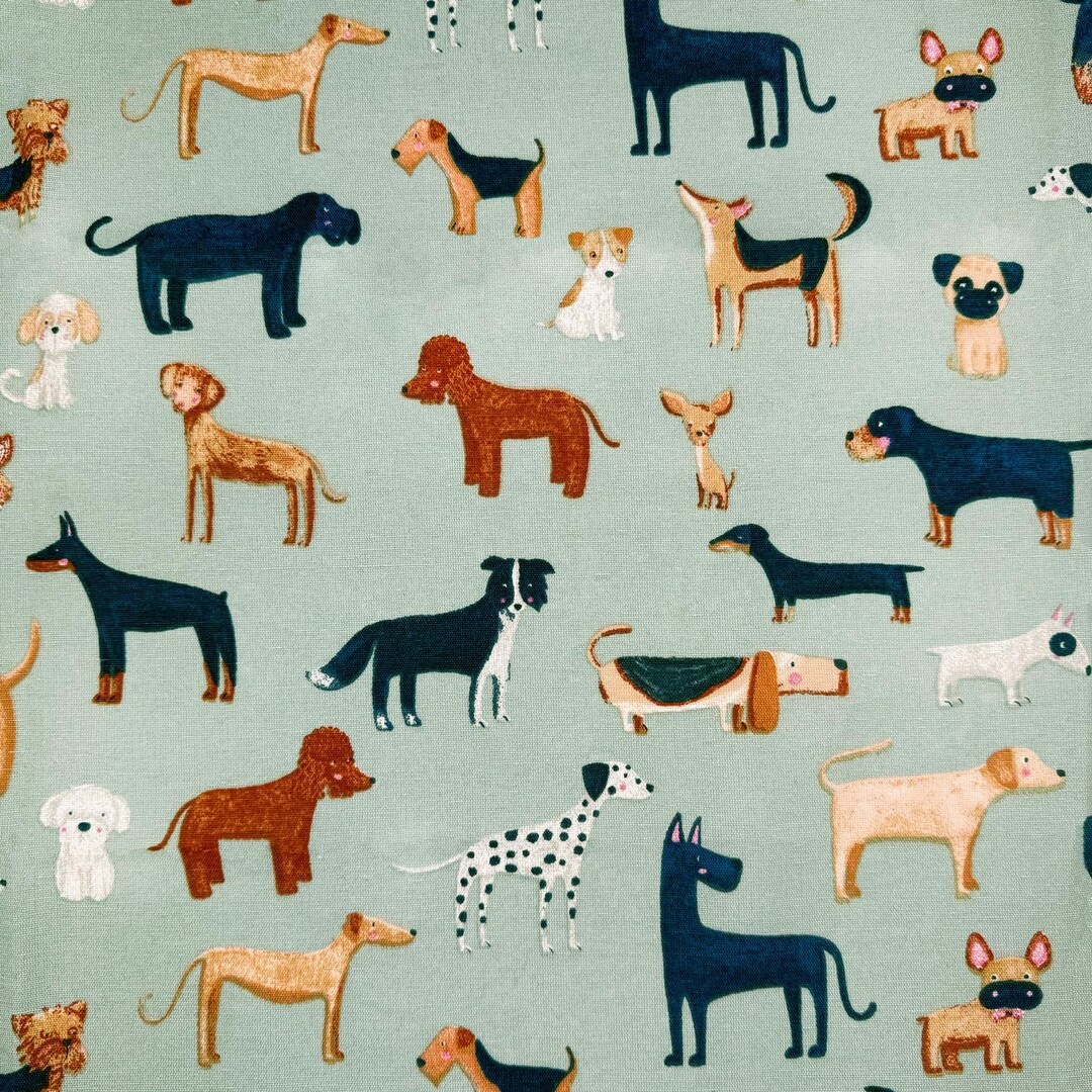 Cotton Rich Canvas Fabric 'woof' Dogs Print on Duck Egg Blue Panama ...