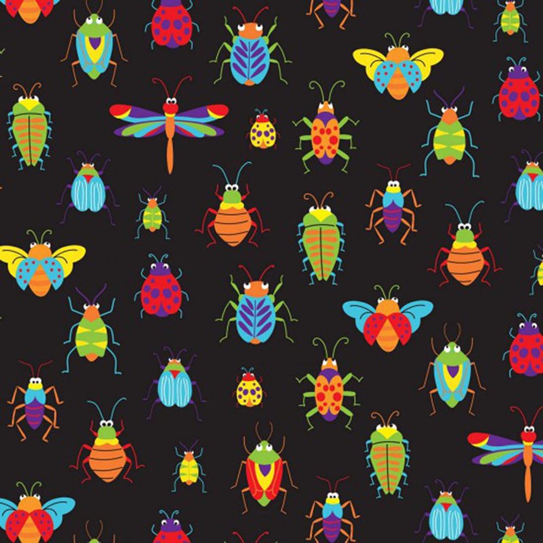 Nutex Fabric Bugs & Critters on Black Patchwork Cotton Quilting Craft ...