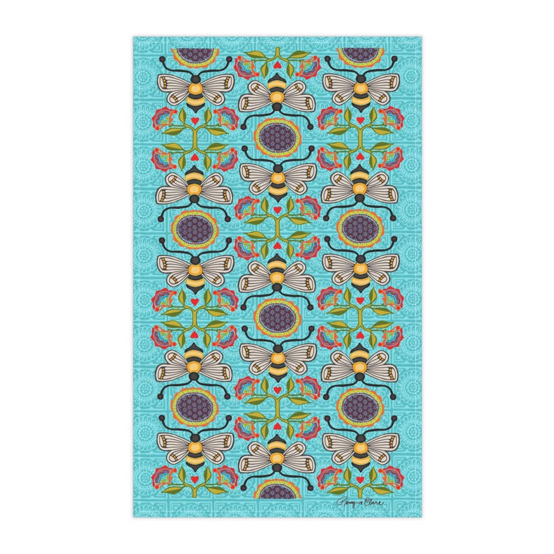 Bee Kitchen Tea Towel- Teal Cotton Twill Dish, Queen Bee Lover ...