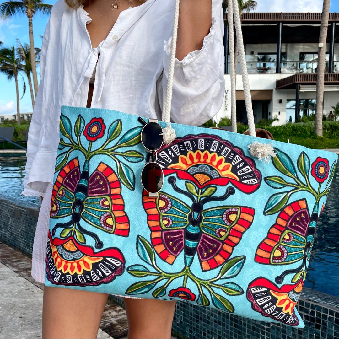 Butterfly Weekend Beach Bag- Teal, Large Market Tote, Gifts for Her Mom ...