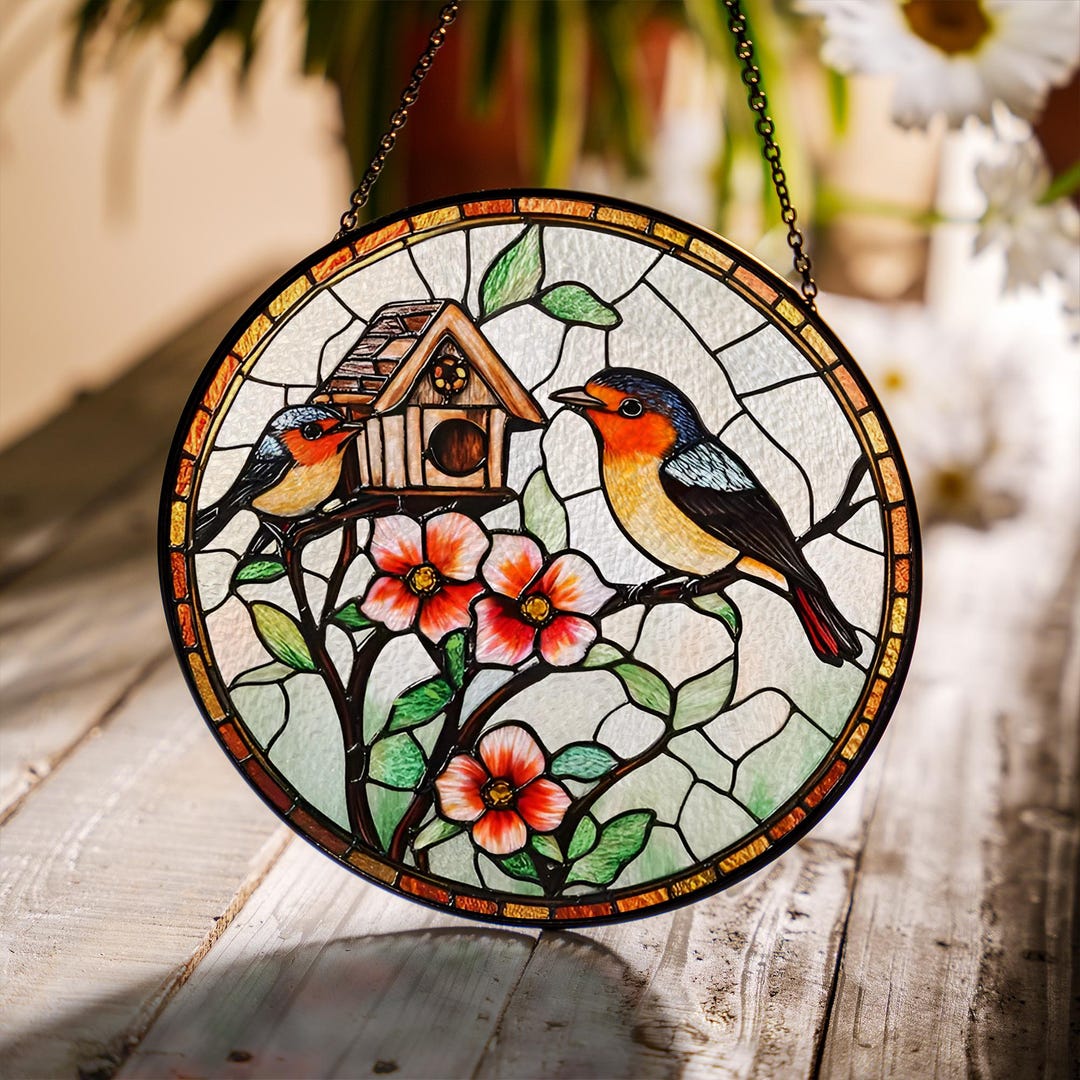 Stained Glass Robin Suncatcher for Window, Nature Bird and Flower Art ...