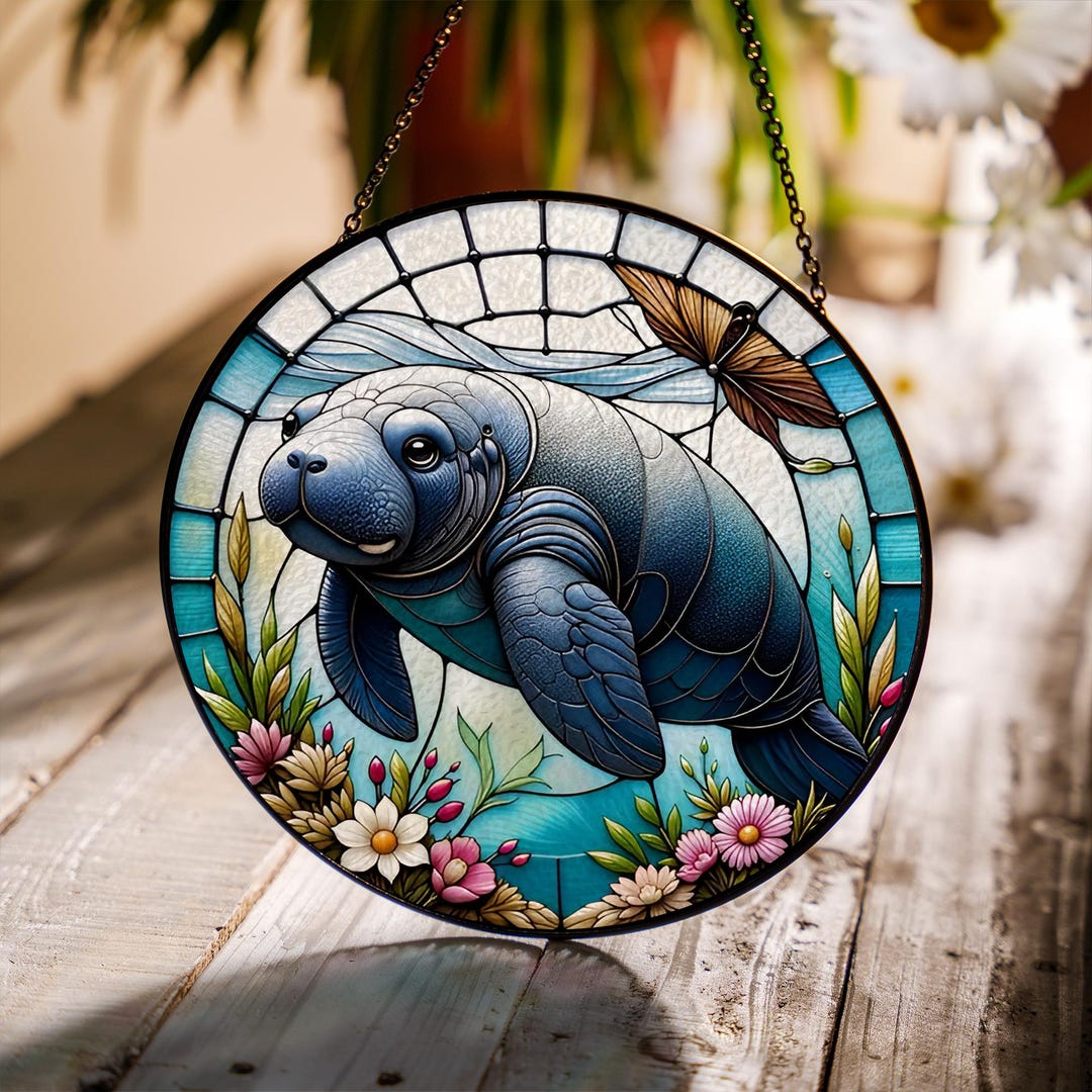 Manatee Stained Glass Suncatcher, Floral Ocean Decor, Sea Animal Window ...