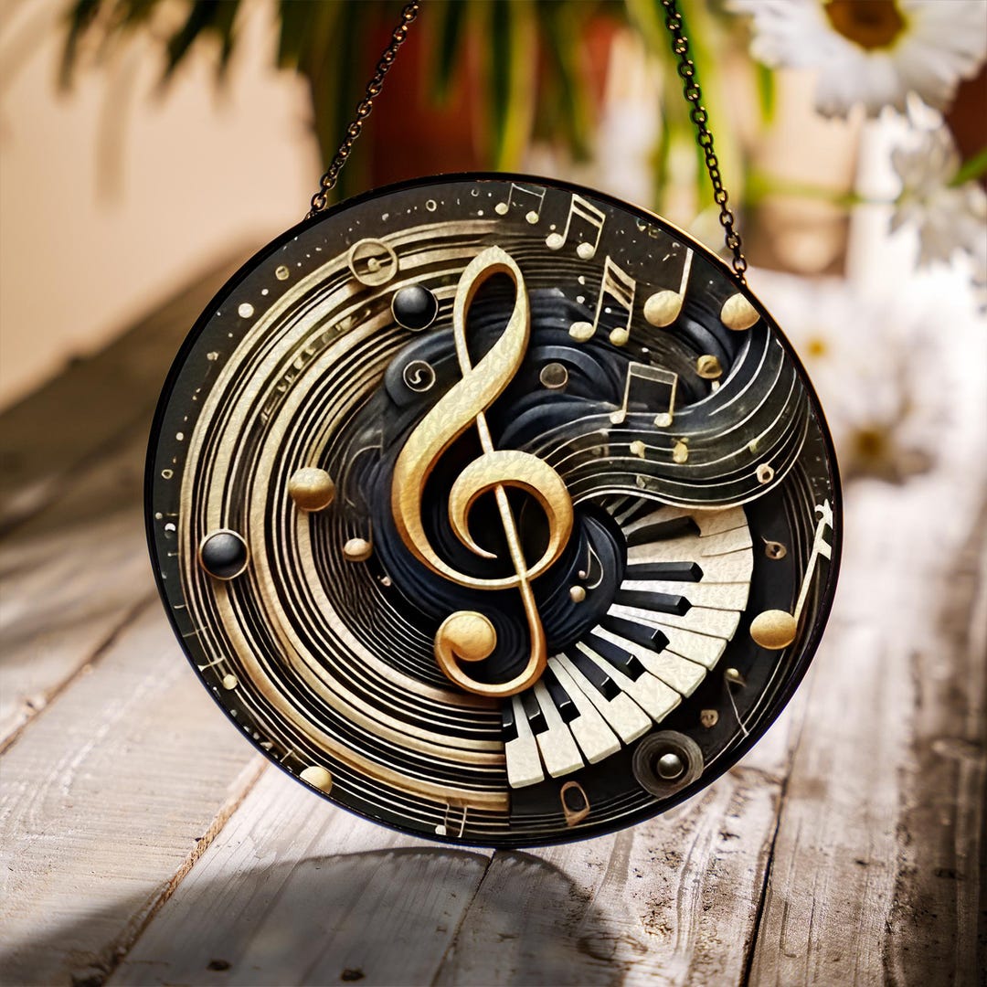 Musical Stained Glass Suncatcher, Piano and Treble Clef Window Decor ...
