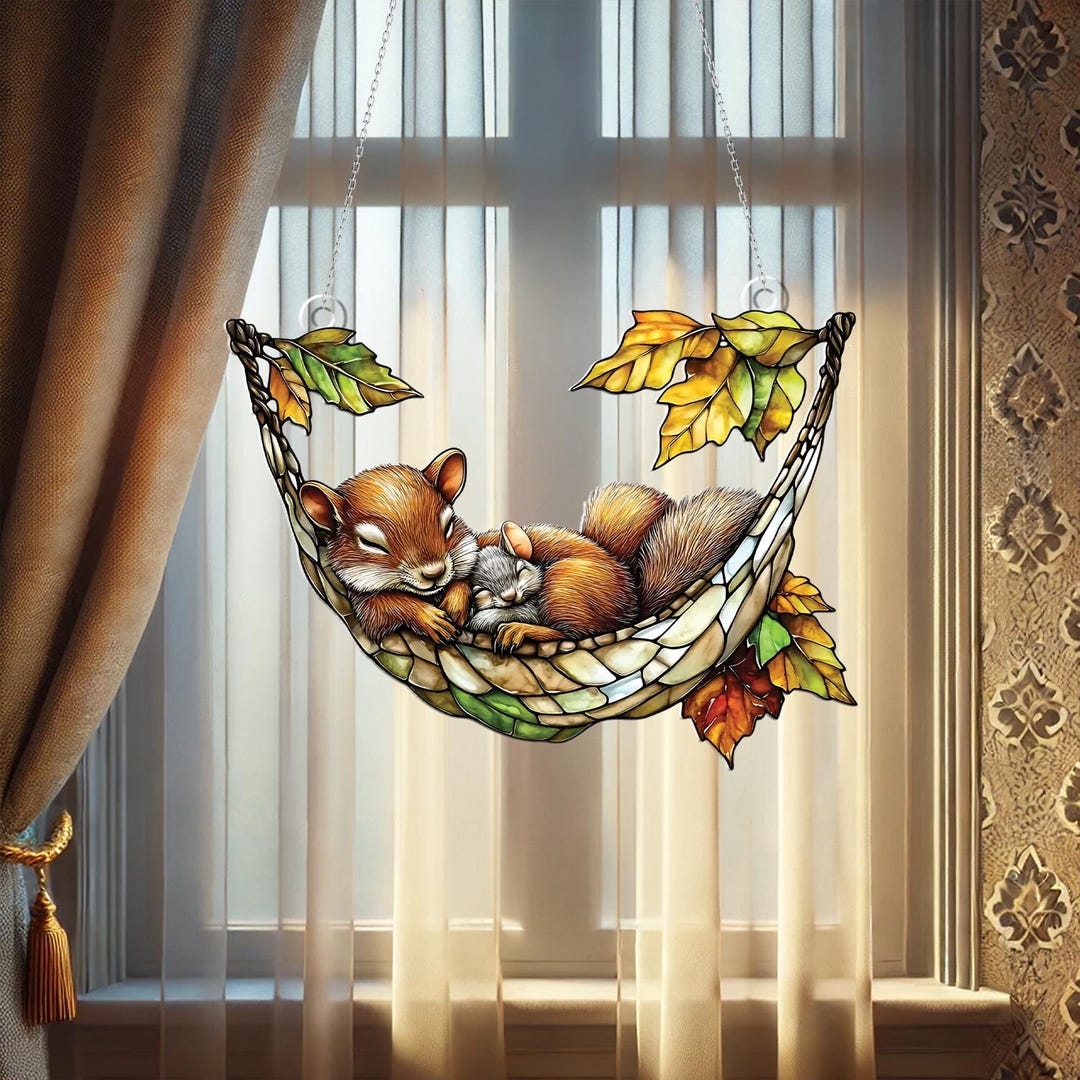 Acrylic Squirrel Suncatcher, Sleeping Squirrels in Hammock Window ...